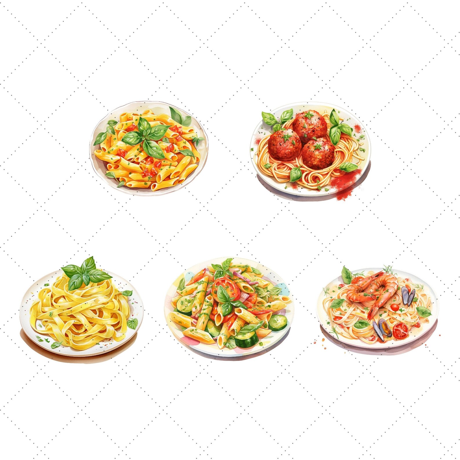 Watercolor Pasta Dishes Clipart Bundle, Italian Food Watercolor Clipart ...