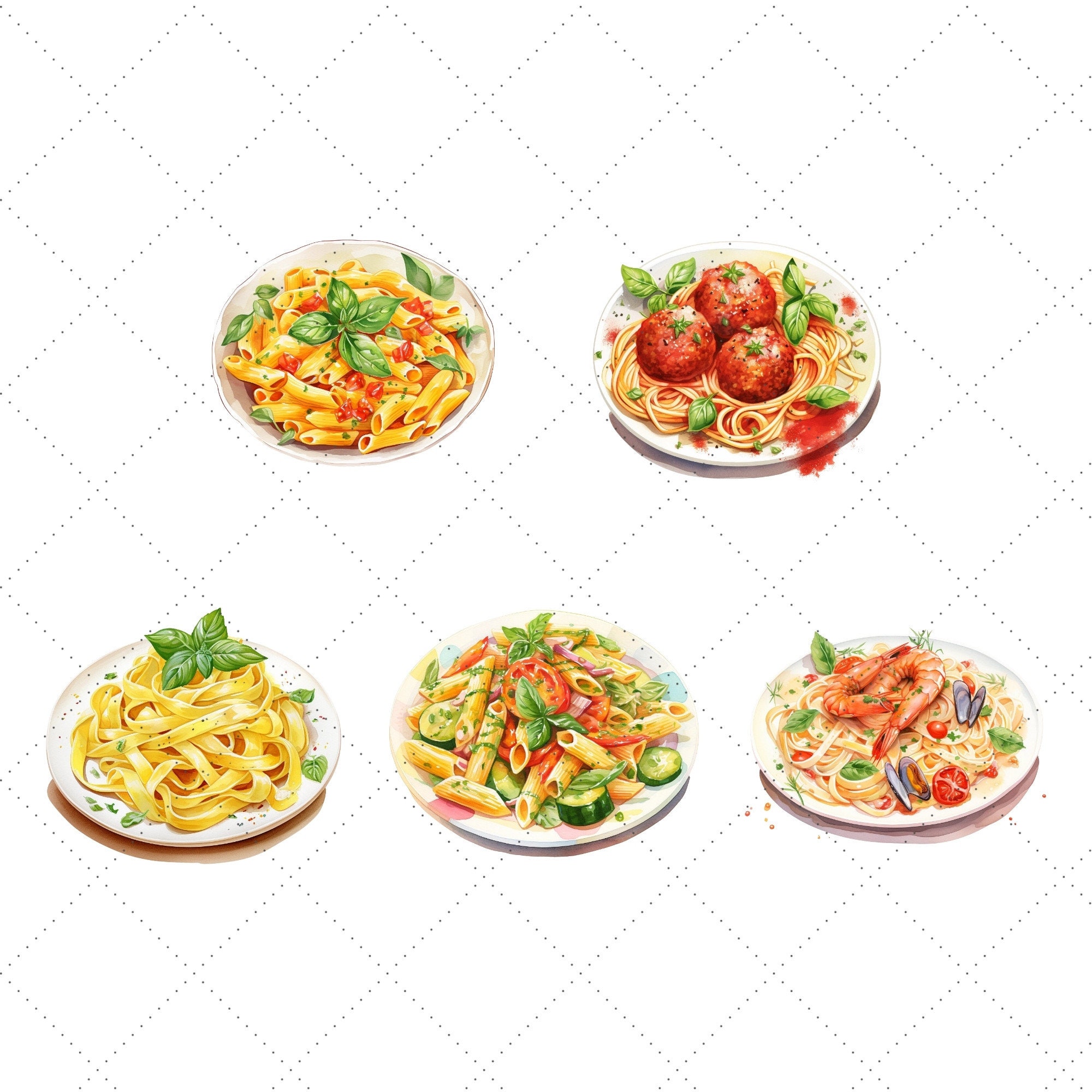 Watercolor Pasta Dishes Clipart Bundle, Italian Food Watercolor Clipart ...