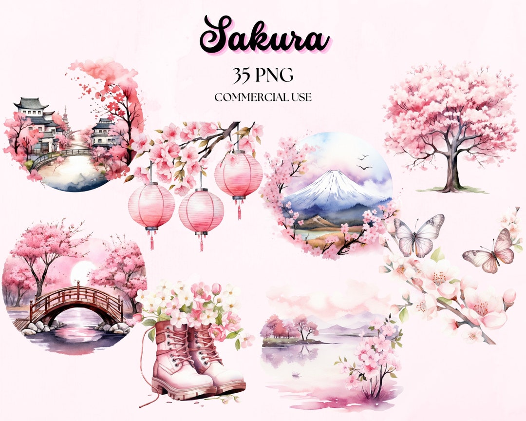 Sakura Watercolor Clipart Bundle: Cherry Blossom Spring Flowers (35 ...