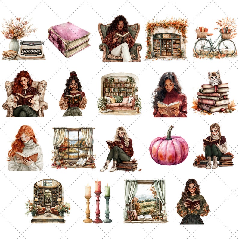 Autumn Library Clipart, Autumn Bookworm, Fall Clipart, Cottagecore ...