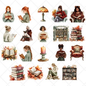 Autumn Library Clipart, Autumn Bookworm, Fall Clipart, Cottagecore ...