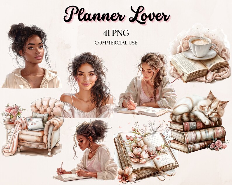 Ivory and Beige Planner Lover Watercolor Clipart Set, Planner Girl PNG ...