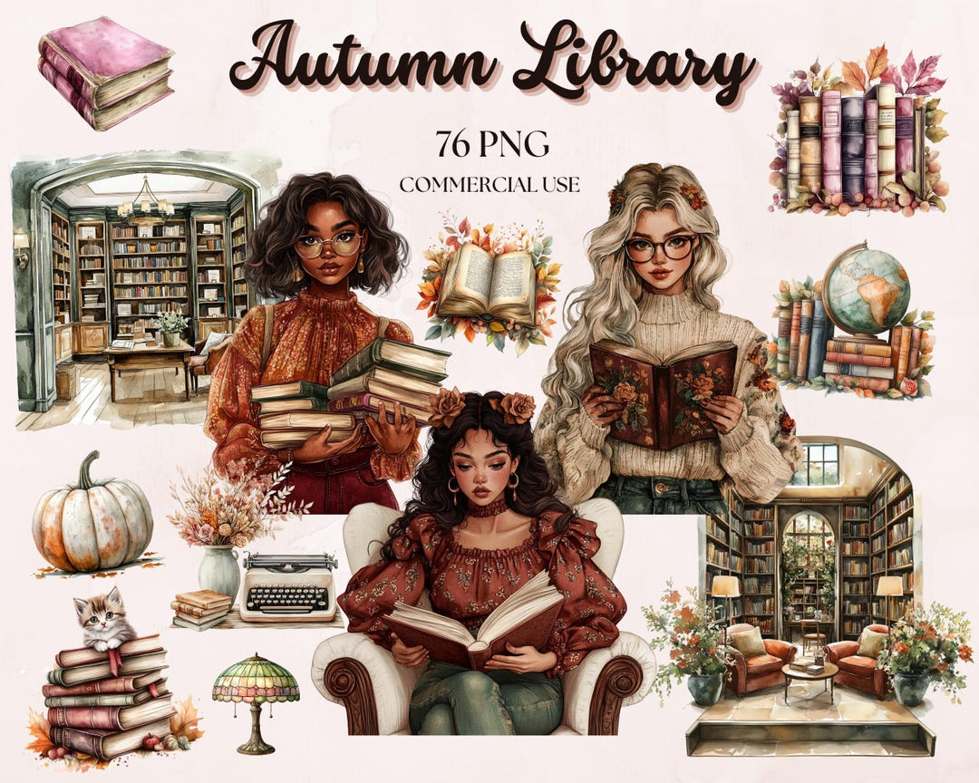 Autumn Library Clipart, Autumn Bookworm, Fall Clipart, Cottagecore ...
