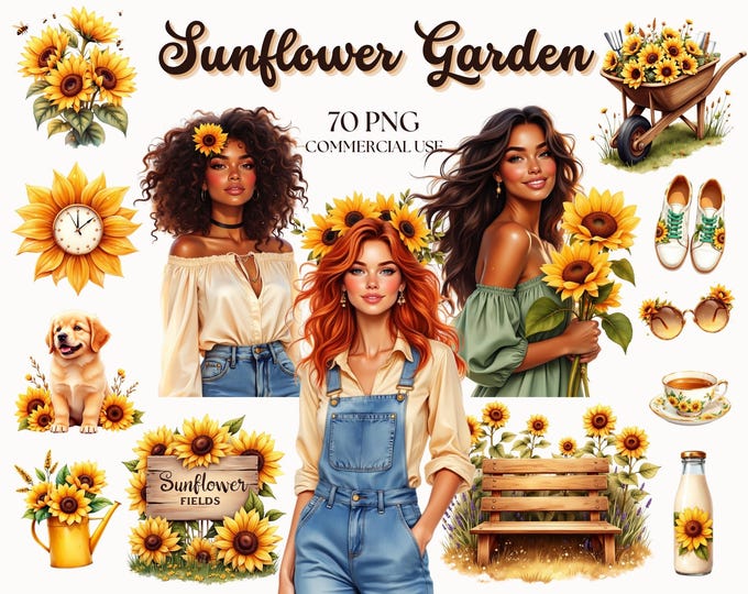 Watercolor Sunflower Garden Clipart Png Bundle, Watercolor Sunflower ...