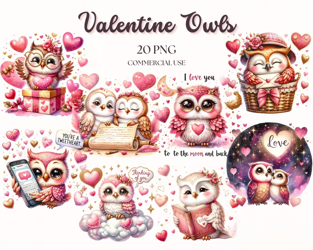 Cute Valentines Owl Watercolor Clipart, Valentines Day Clipart ...