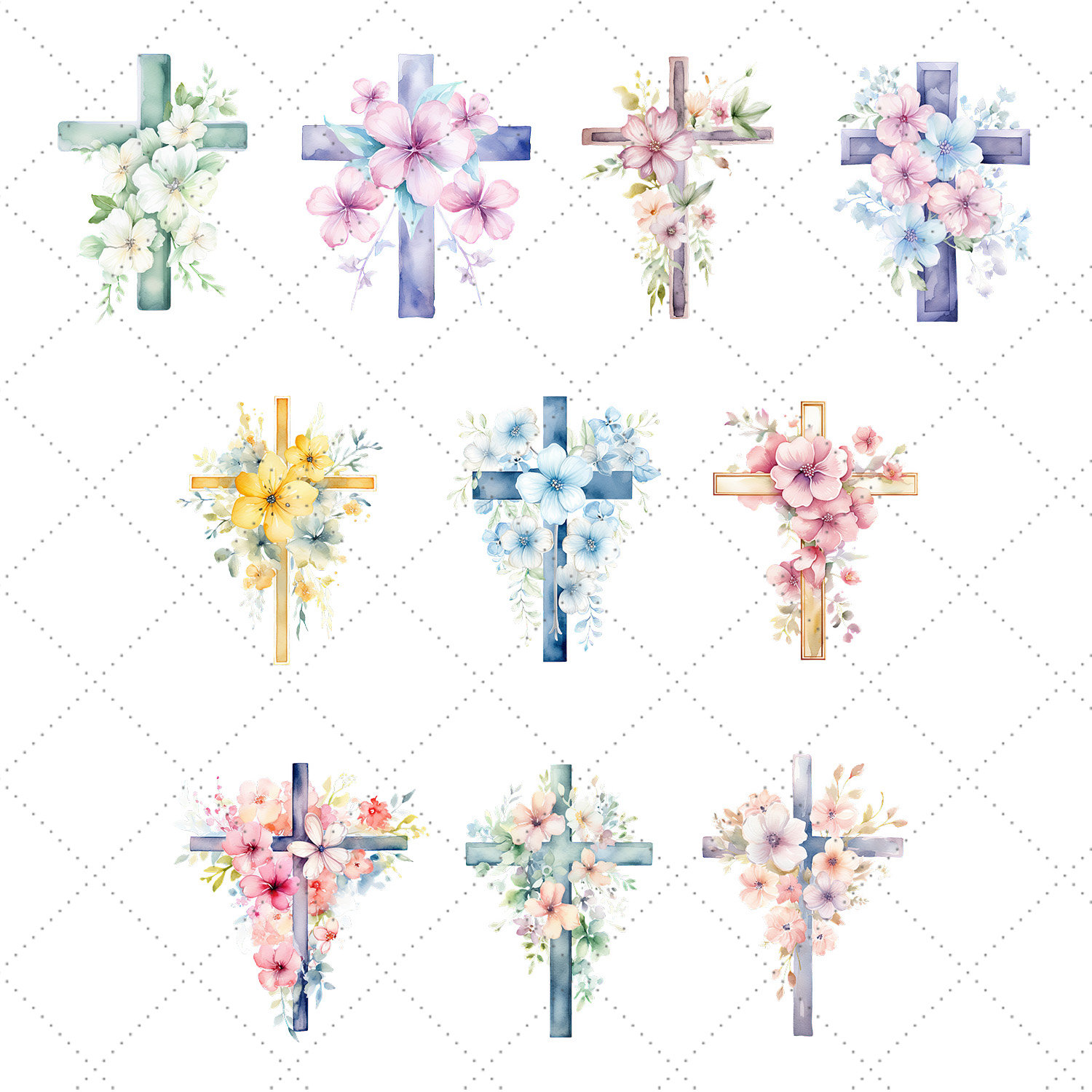 Christian Cross Watercolor Clipart Collection, Floral Cross Clipart ...