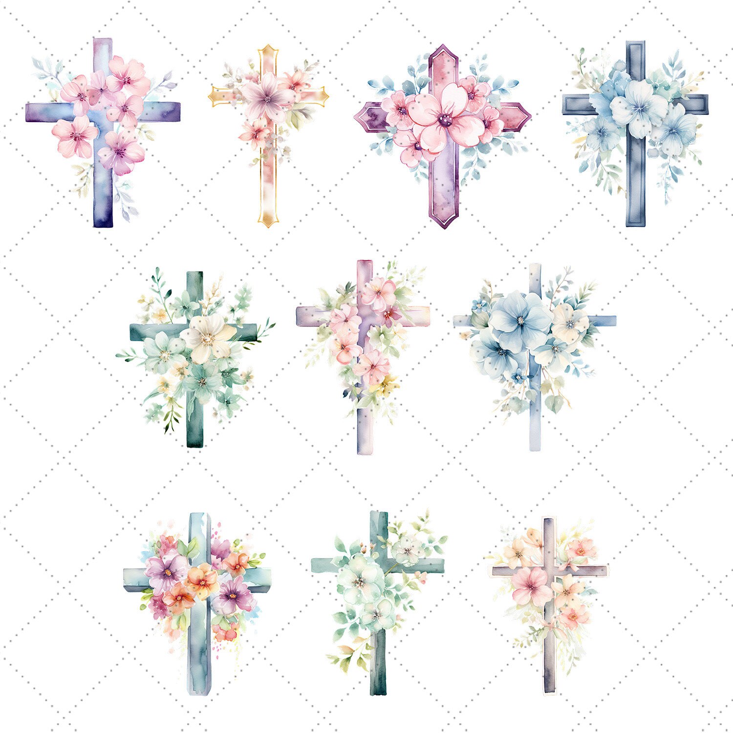 Christian Cross Watercolor Clipart Collection, Floral Cross Clipart ...