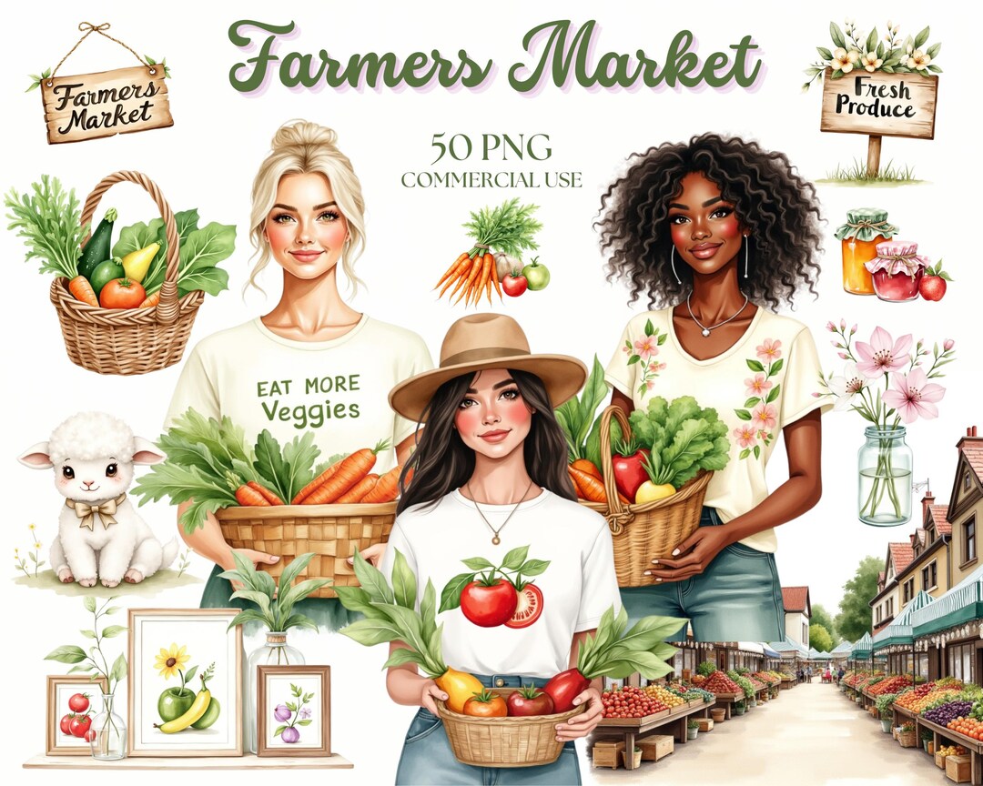 Farmers Market Watercolor Clipart, Fresh Fruit Clipart, Fresh Vegetable ...