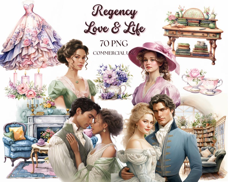 Regency Love & Life Clipart: Watercolor Historical Romance PNG Bundle ...
