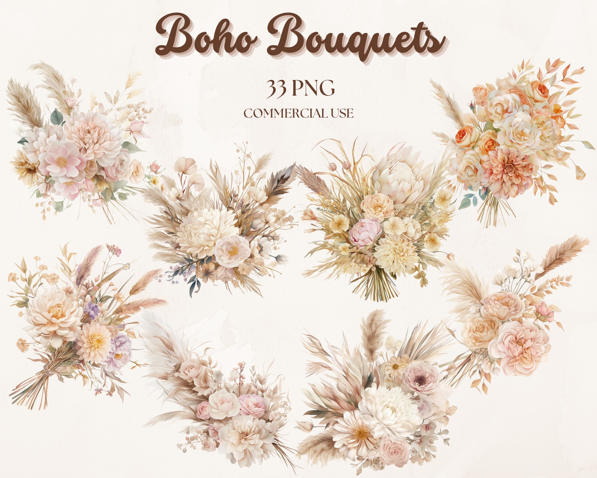 Boho Flowers Clipart, Watercolor Boho Floral Clipart, Pampas Grass PNG ...