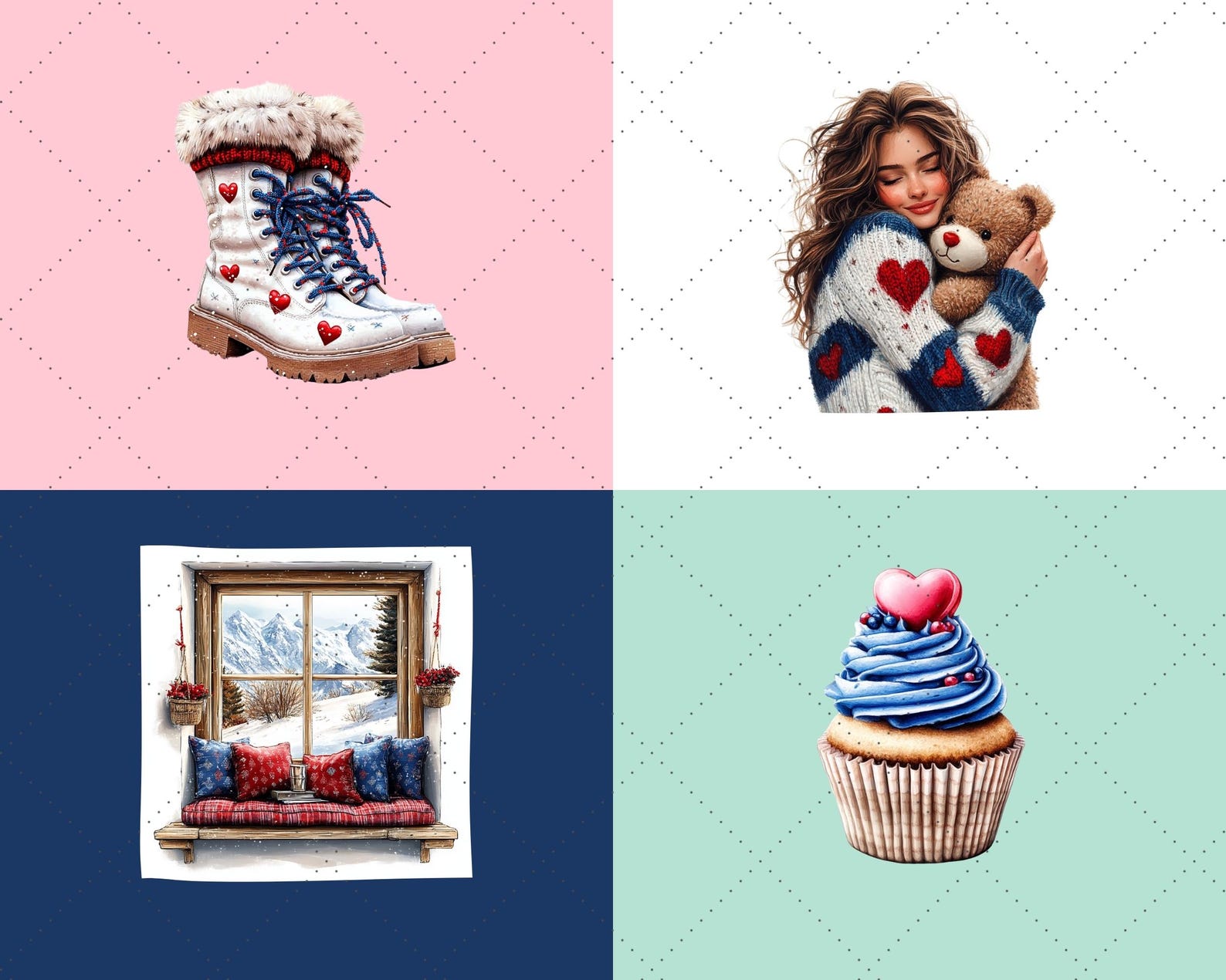 Valentines Day Clipart, Love Clipart, Winter Cabin, Heart, Watercolor ...