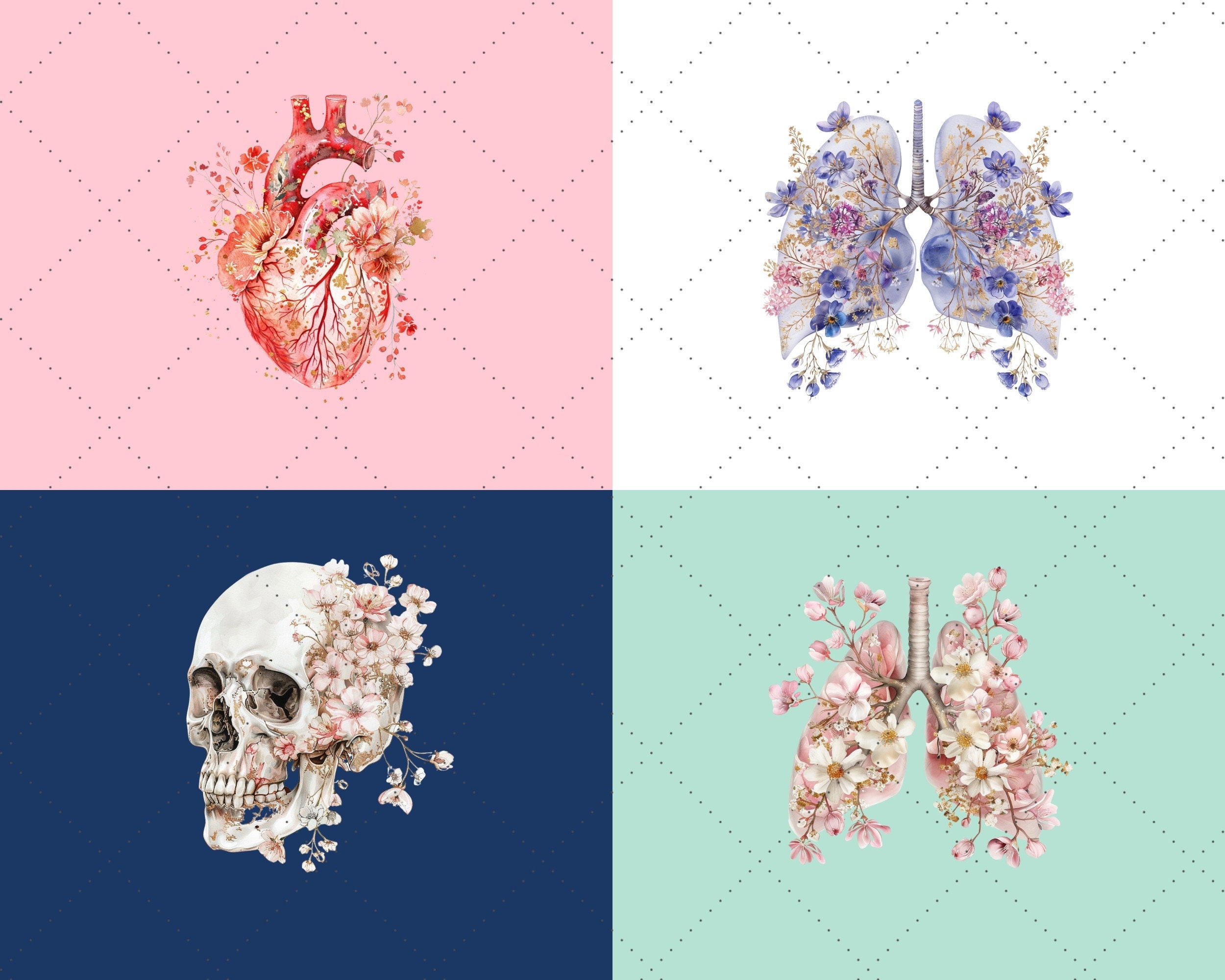 Floral Anatomy Watercolor Clipart: Lung, Heart, Skull, Brain Digital ...