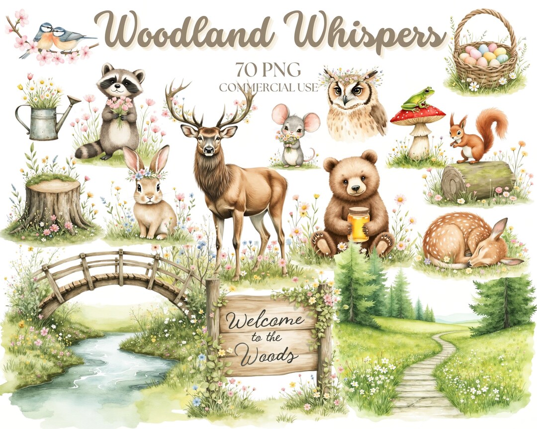 Woodland Whispers Clipart: Watercolor Forest Animal PNG Bundle (70 Pngs ...
