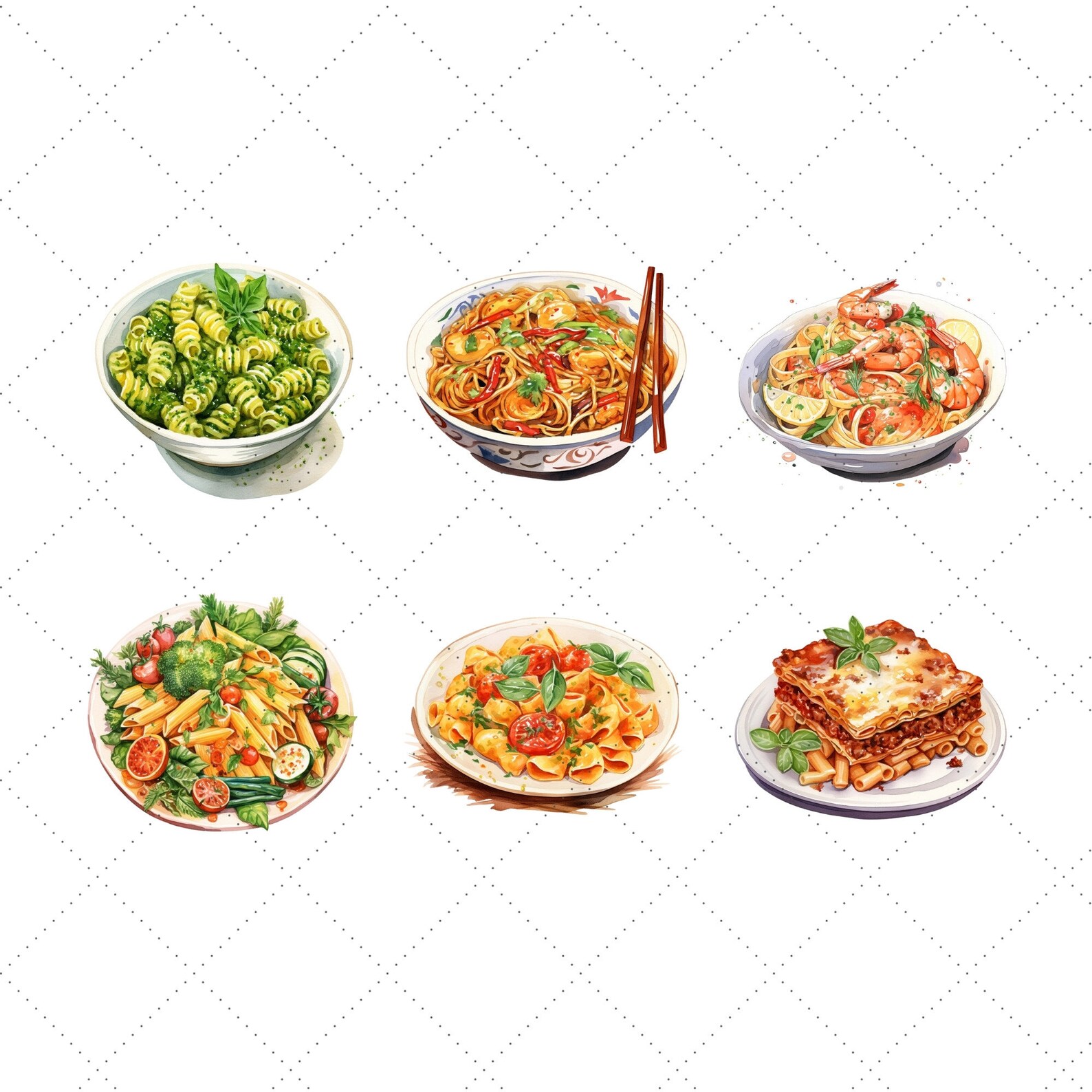 Watercolor Pasta Dishes Clipart Bundle, Italian Food Watercolor Clipart ...
