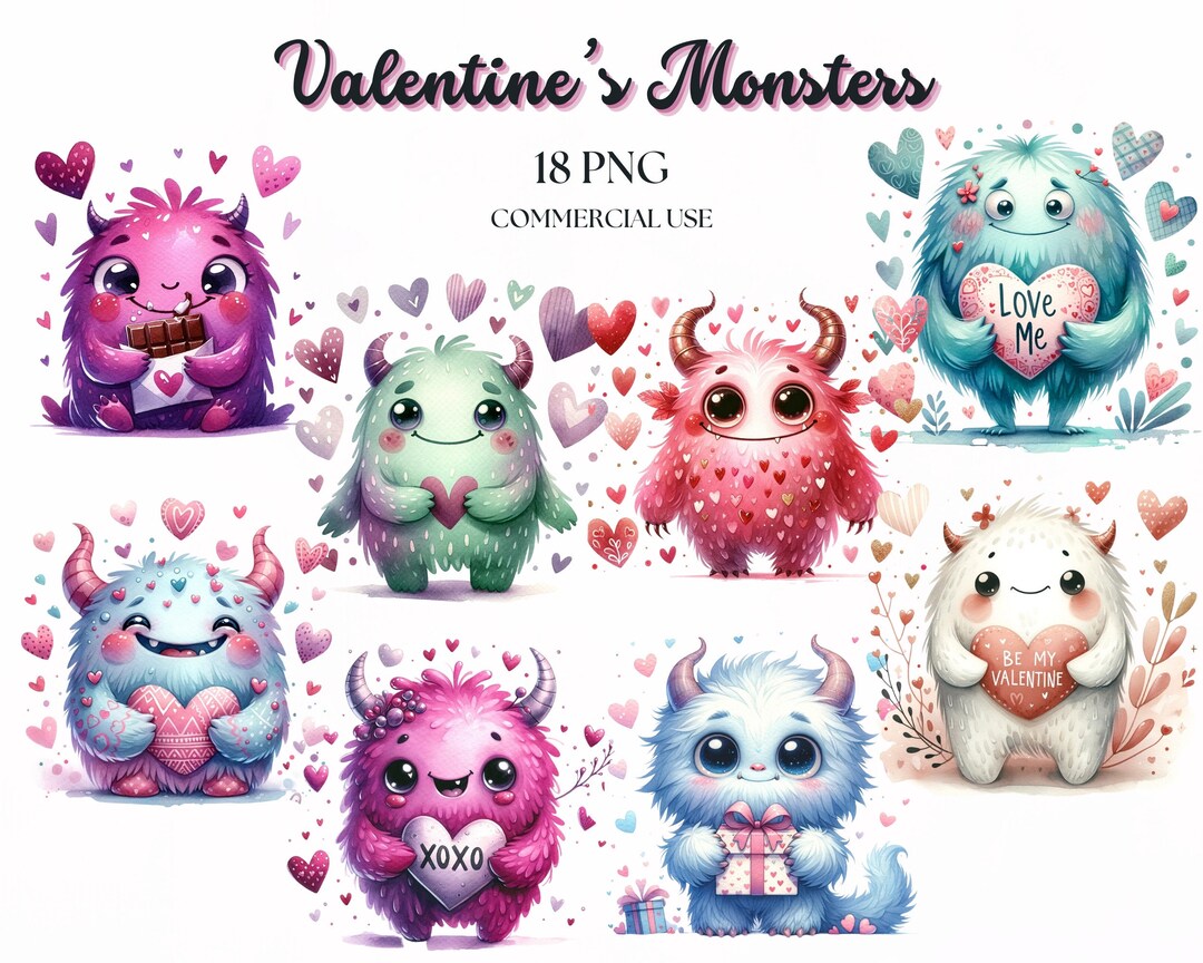 Watercolor Valentine Monsters Clipart, Cute Valentine's Day Monsters ...