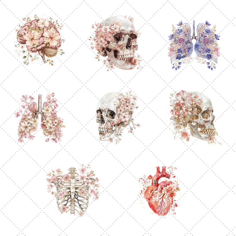 Floral Anatomy Watercolor Clipart: Lung, Heart, Skull, Brain Digital ...