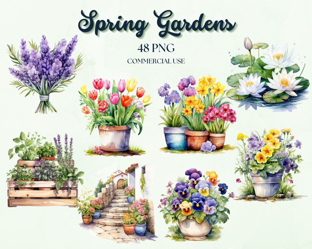 Spring Gardens Clipart: Watercolor Flower & Cottage PNG Bundle (48 Pngs ...