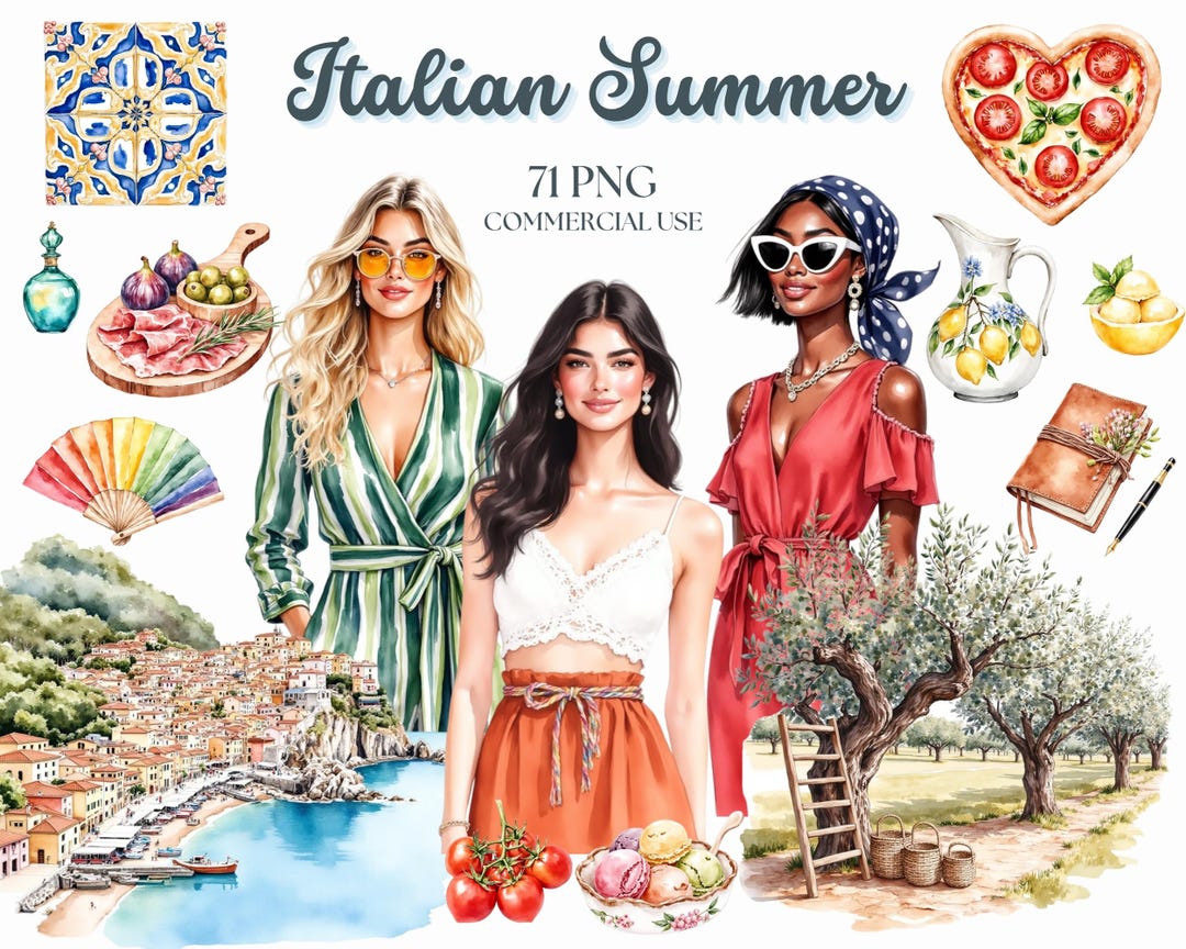 Italy Clipart, Italian Summer, Summer Watercolor Clipart, Mediterranean ...