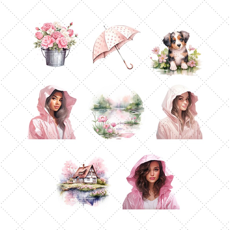 Rainy Spring Watercolor Clipart Bundle, Pink Rainy Spring Watercolor ...