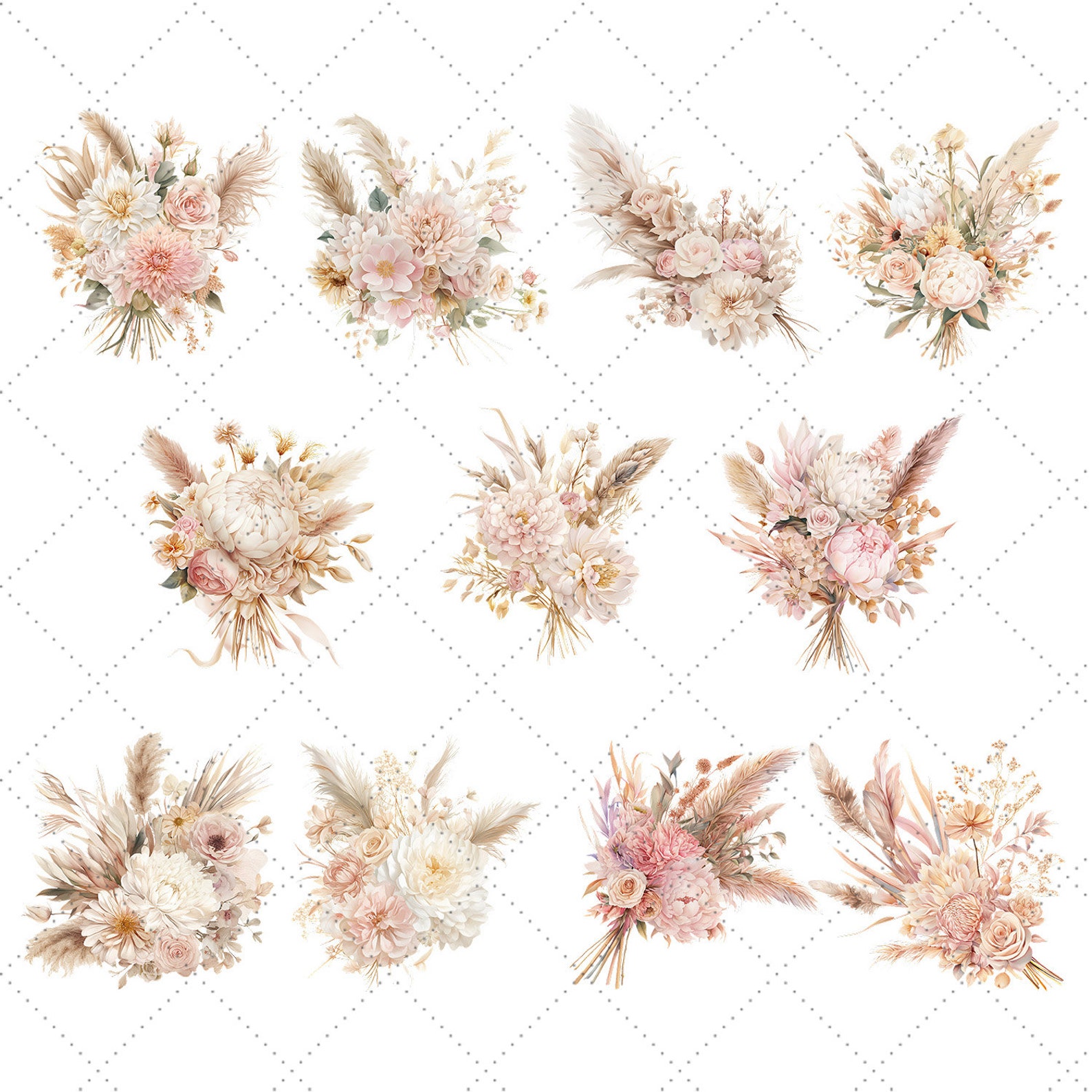 Boho Flowers Clipart, Watercolor Boho Floral Clipart, Pampas Grass PNG ...