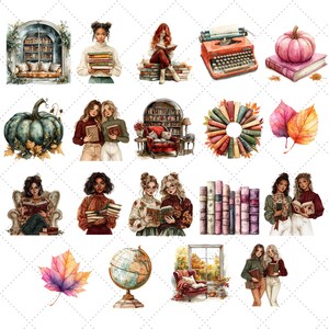 Autumn Library Clipart, Autumn Bookworm, Fall Clipart, Cottagecore ...