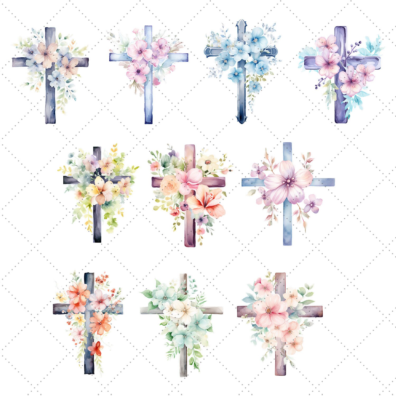 Christian Cross Watercolor Clipart Collection, Floral Cross Clipart ...