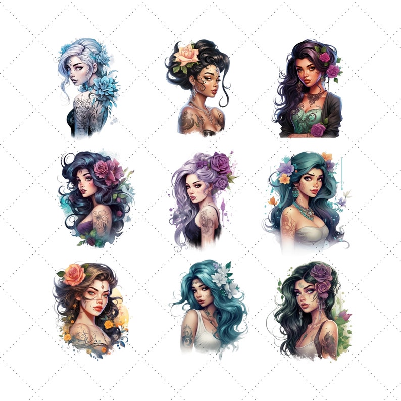 Punk Tattoo Girls Clipart Bundle, Tattoo Princess, Goth Princess ...