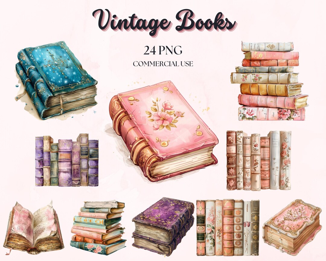 Vintage Books Watercolor Clipart, Watercolor Book Lover Clipart ...
