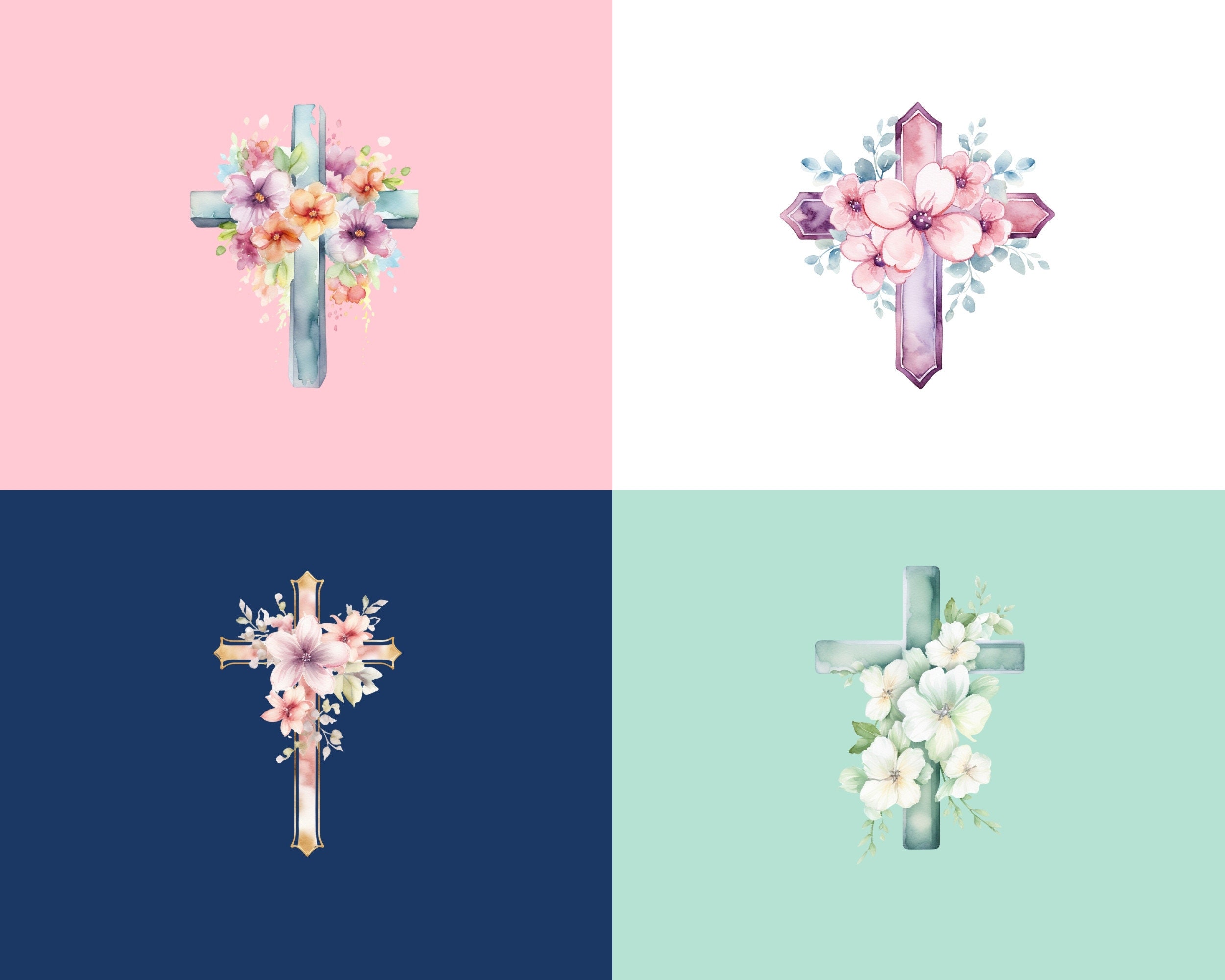 Christian Cross Watercolor Clipart Collection, Floral Cross Clipart ...