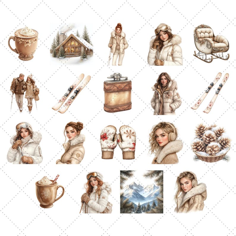 Cozy Ski Getaway Clipart: Winter Cabin & Ski Resort PNG Bundle (77 Pngs ...