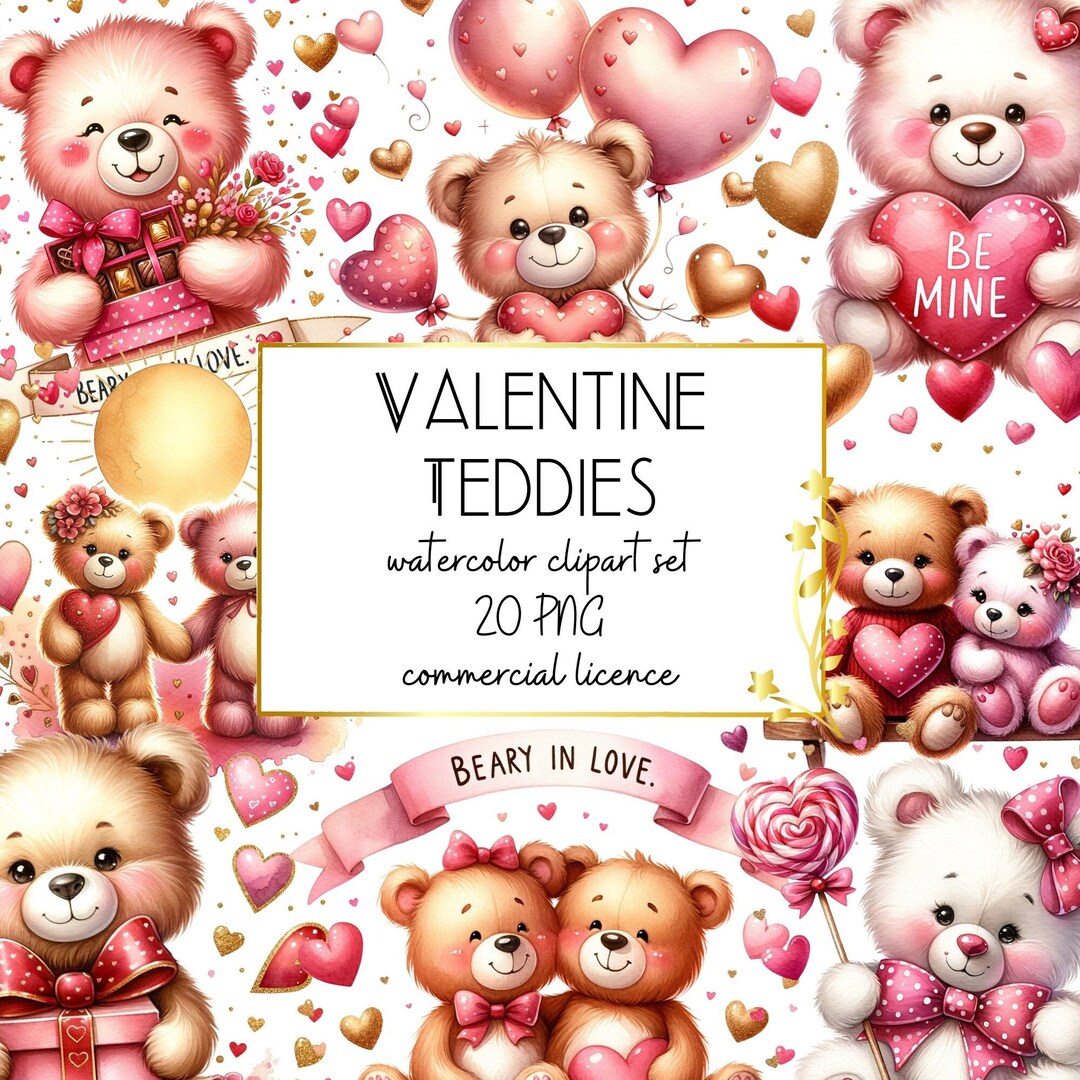 Valentines Teddy Bear Watercolor Clipart, Valentines Day Clipart ...