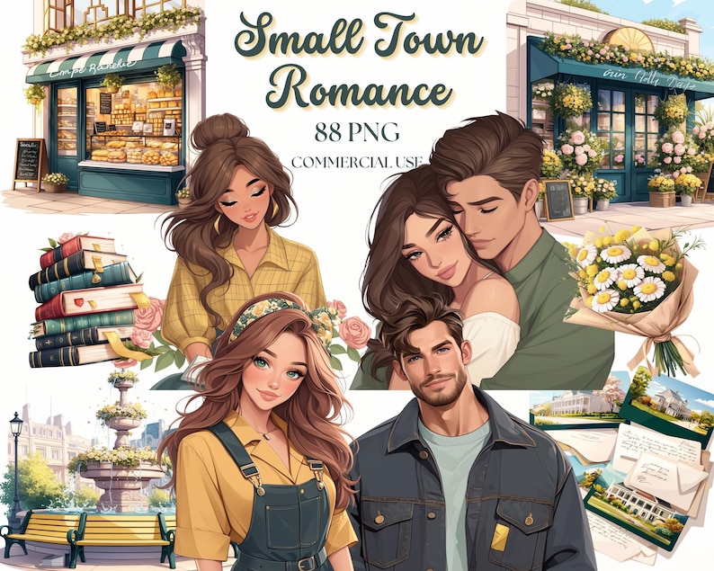 Romance Book Clipart: Small Town PNG Stickers (commercial Use, Digital ...