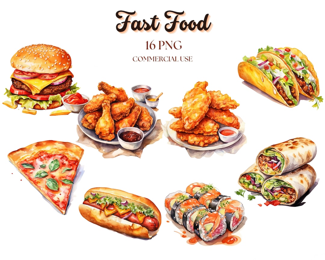 Watercolor Fast Food Clipart Bundle, Watercolor Comfort Food Clipart ...