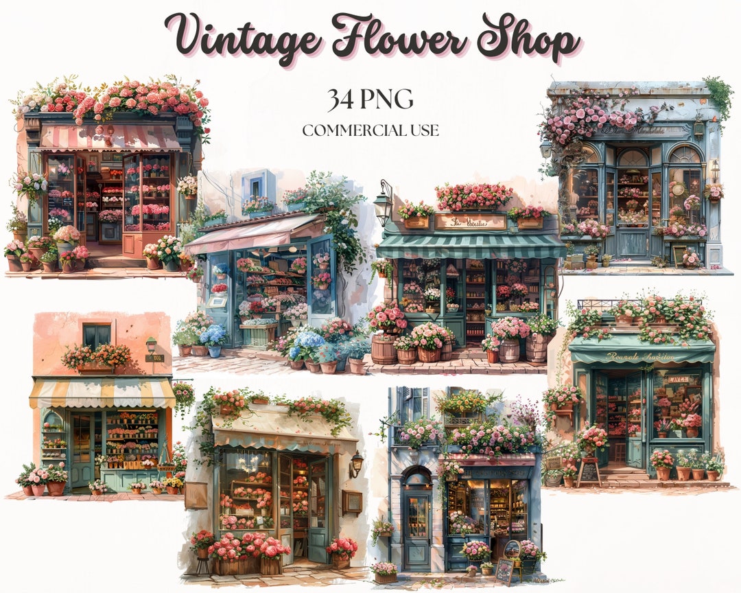 Vintage Flower Shop Fronts Watercolor Clipart, Flower Shop JPEG, Flower ...