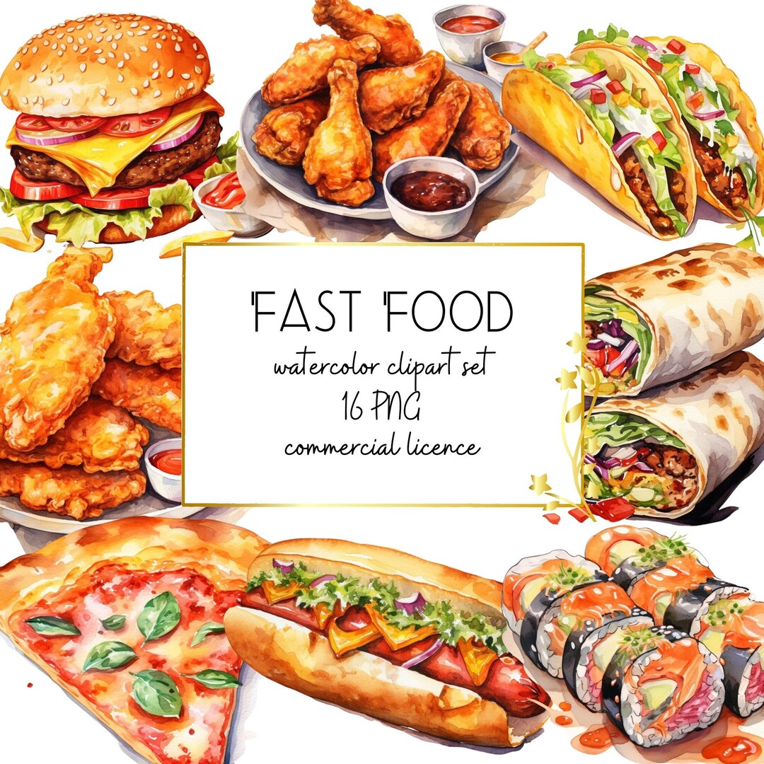 Watercolor Fast Food Clipart Bundle, Watercolor Comfort Food Clipart ...