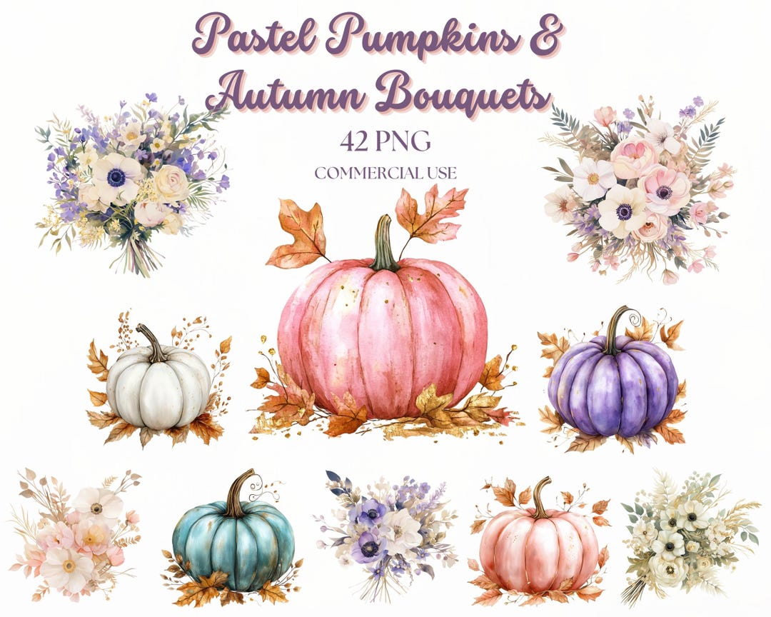 Pumpkin Watercolor Clipart, Autumn Bouquet Clipart, Pastel Pumpkins ...
