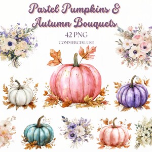Pumpkin Watercolor Clipart, Autumn Bouquet Clipart, Pastel Pumpkins ...