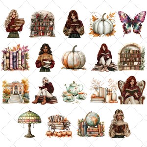 Autumn Library Clipart, Autumn Bookworm, Fall Clipart, Cottagecore ...