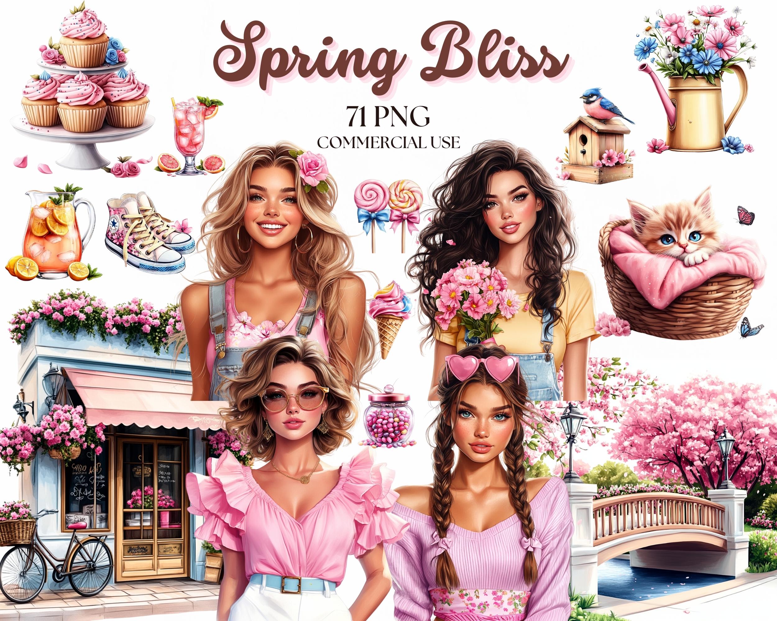 Spring Bliss Clipart: Pastel Girl, Flowers, Sweets, Café PNG Bundle (71 ...