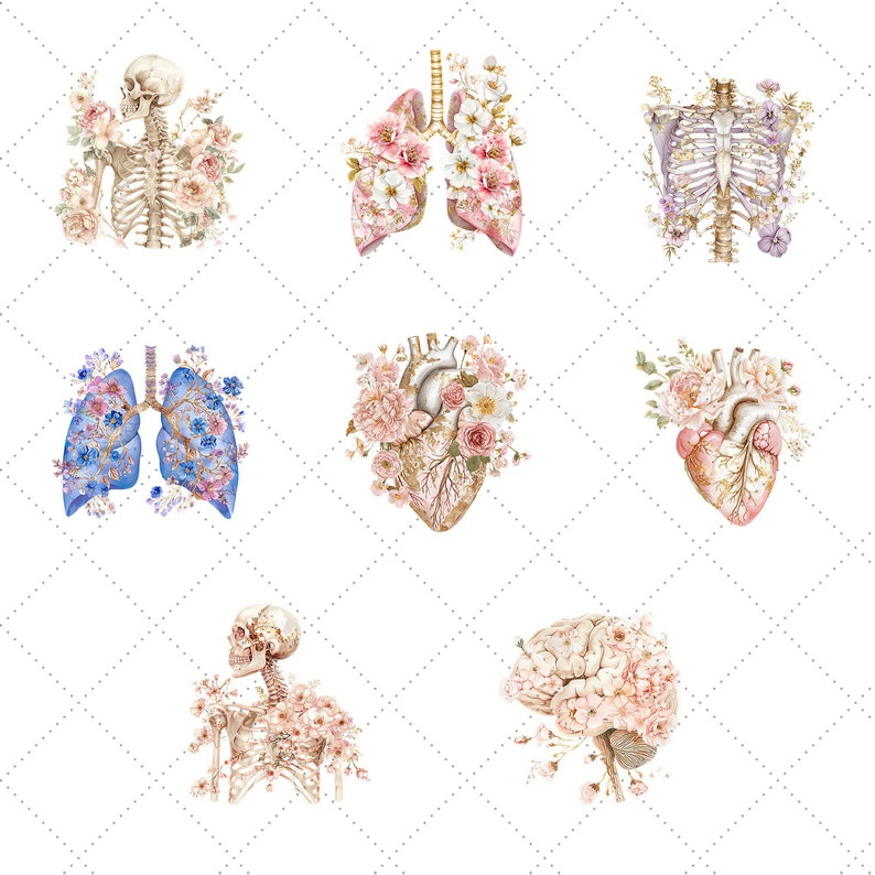 Floral Anatomy Watercolor Clipart: Lung, Heart, Skull, Brain Digital ...