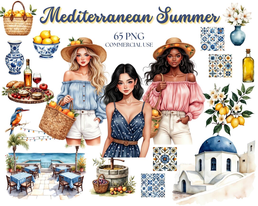 Mediterranean Summer Clipart: Tile, Lemon, Olive (65 Pngs, Commercial ...