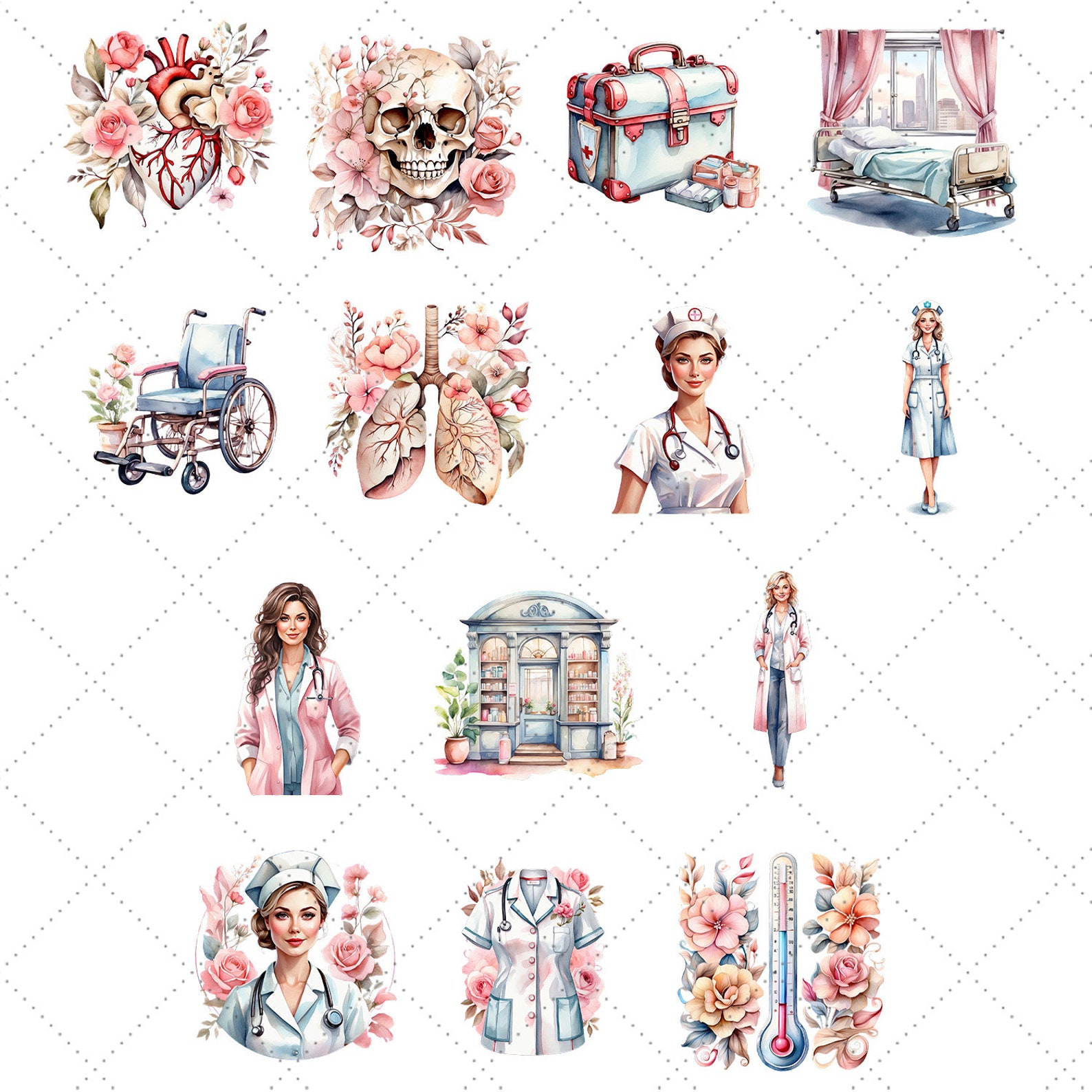 Medical Watercolor Clipart Bundle: Floral Hospital, Doctor & Nurse Pngs ...