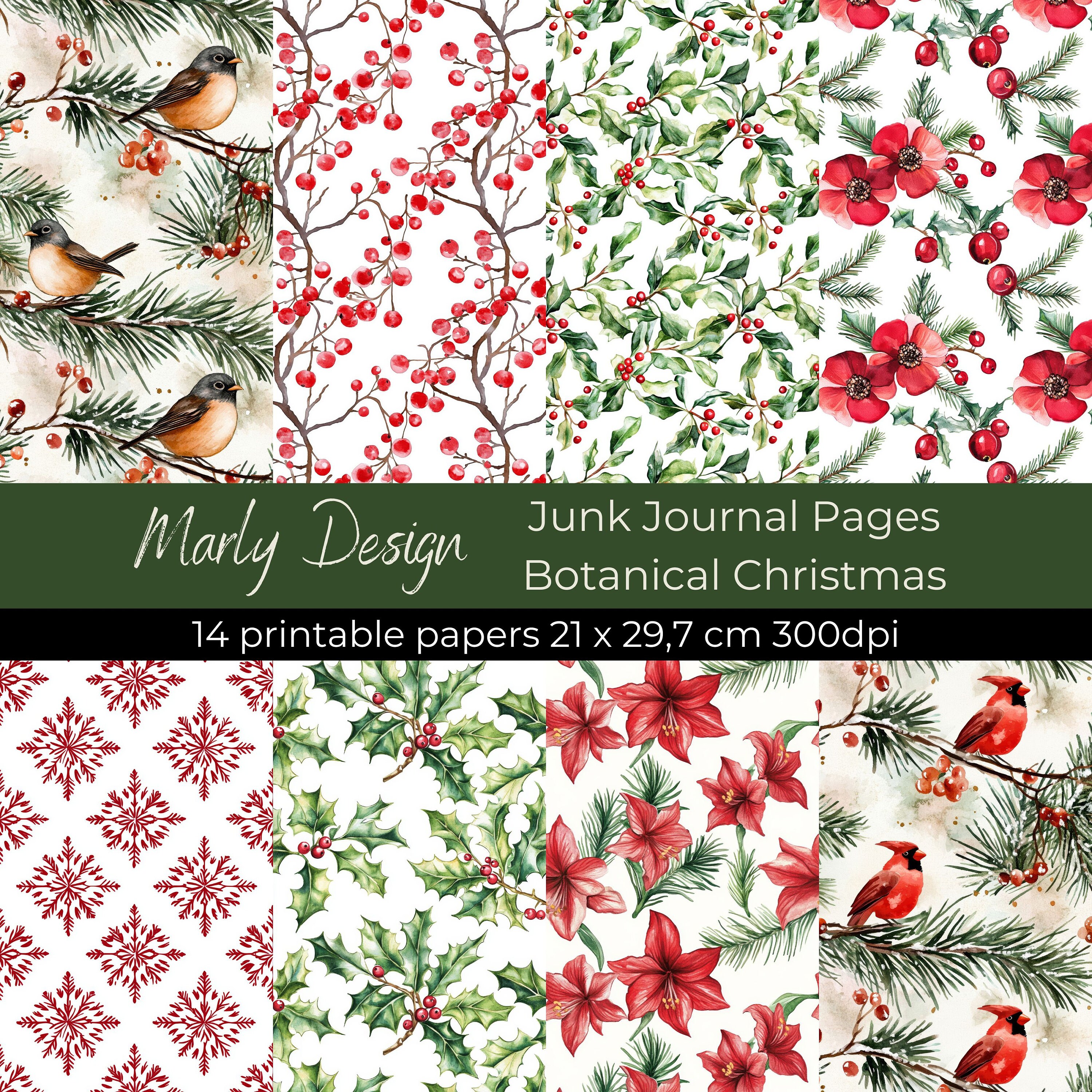 BOTANICAL CHRISTMAS BACKGROUNDS, Junk Journal Pages, Christmas Journal ...