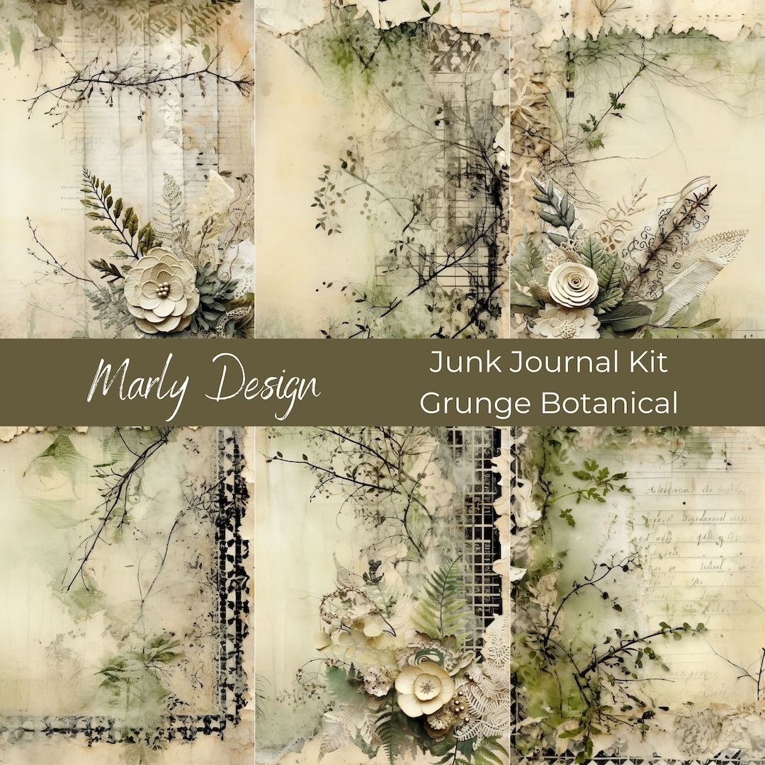 Grunge Botanical Digital Kit Brown and Green Flowers Botanical Collage ...