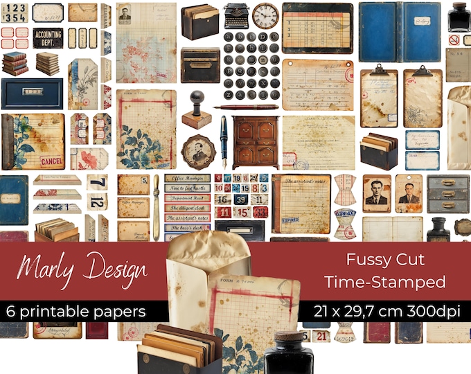 TIME-STAMPED FUSSY Cut, Office Theme, Old Papers, Vintage Office, Text ...