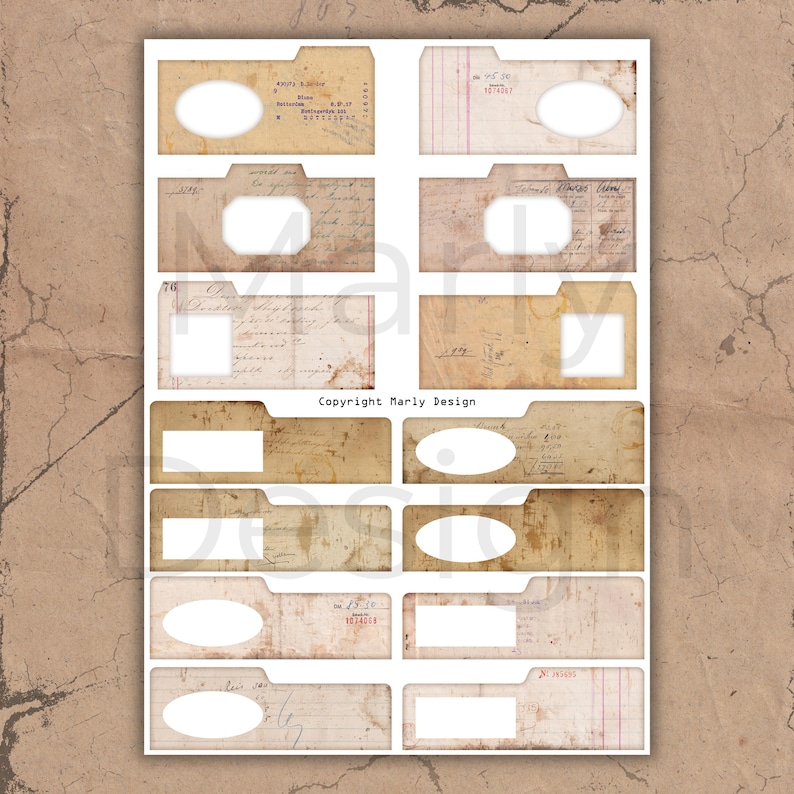 FRAGMENTED FILE Folder Tabs, 9 Vintage Printable Pages, A4 Ephemera for ...