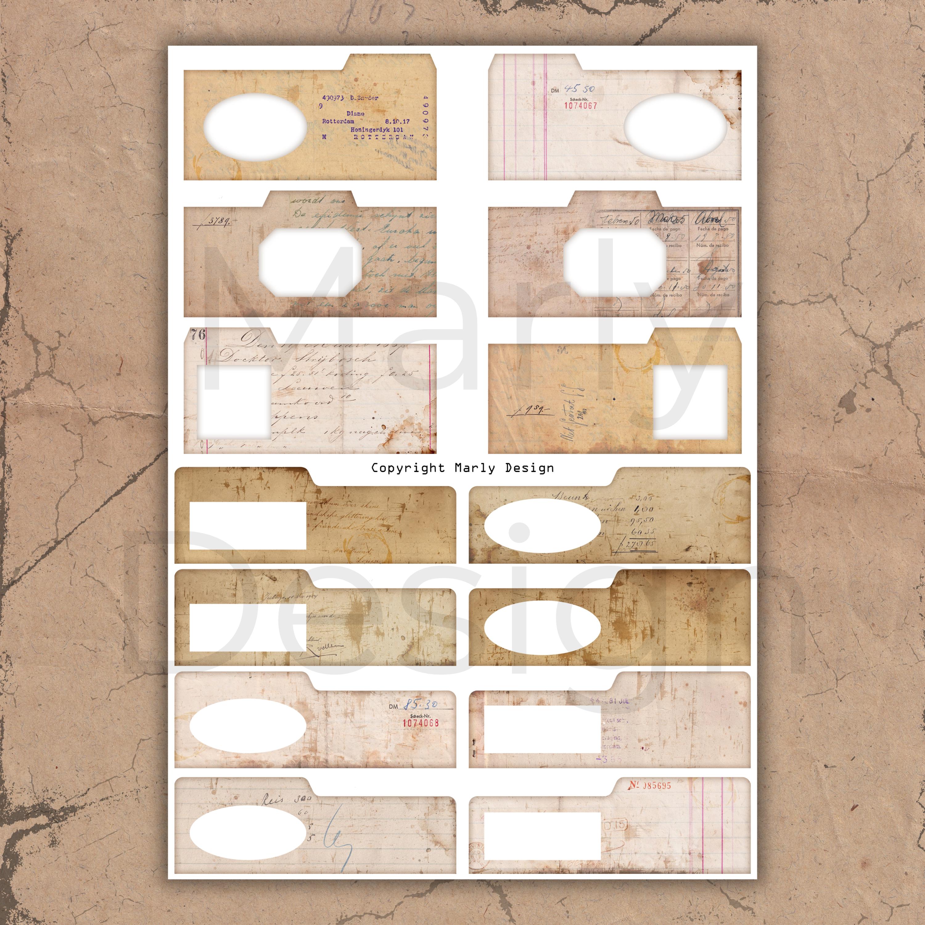 FRAGMENTED FILE Folder Tabs, 9 Vintage Printable Pages, A4 Ephemera for ...