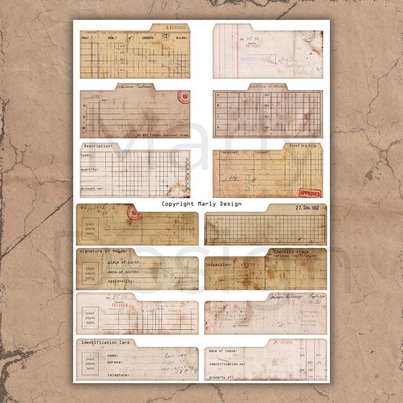 FRAGMENTED FILE Folder Tabs, 9 Vintage Printable Pages, A4 Ephemera for ...