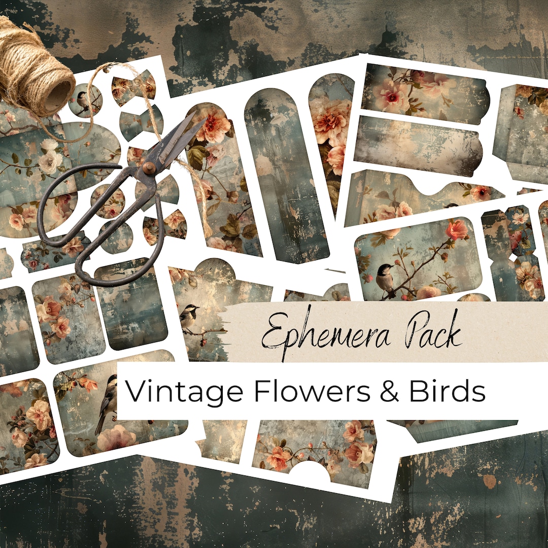 Digital Ephemera Pack Vintage Flowers & Birds Pockets Tags Labels Tabs ...