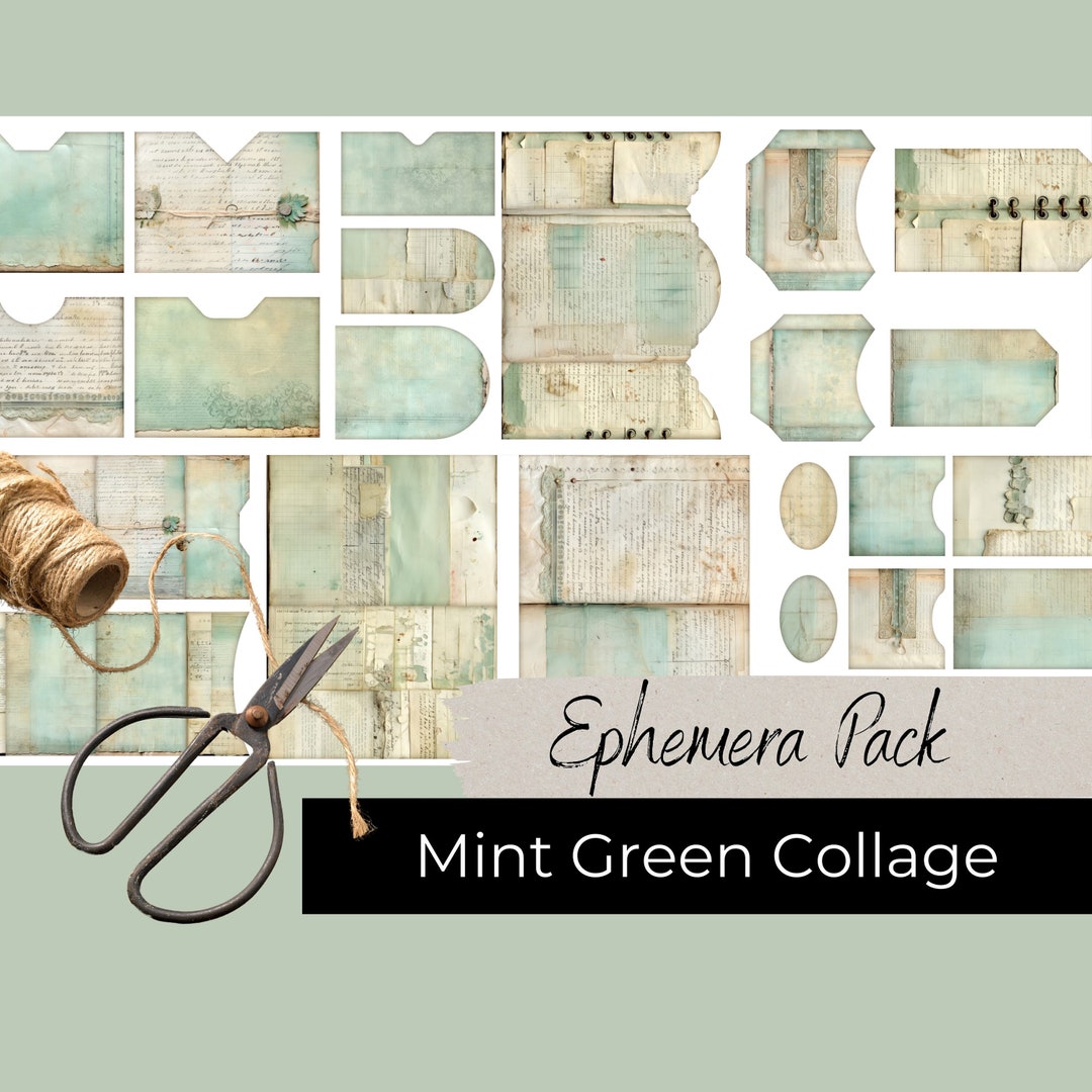 Mint Green Collage Ephemera Pack Junkjournaling Bookmaking Pockets ...